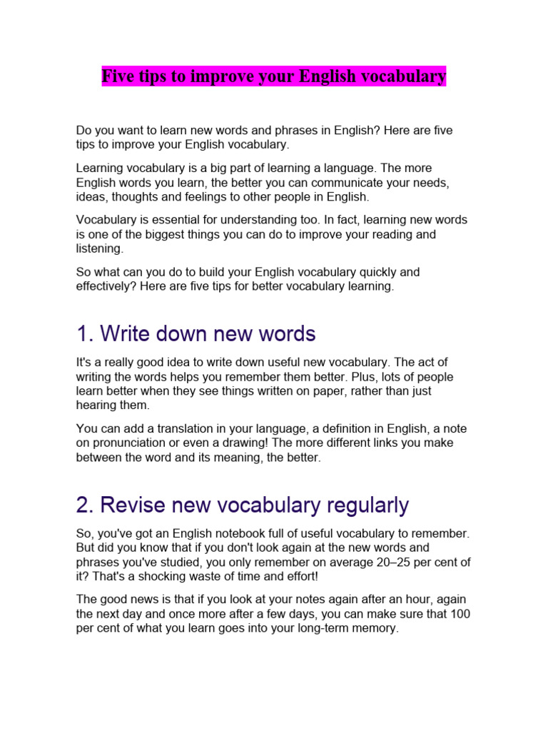 Five Tips To Improve Your English Vocabulary | PDF | Vocabulary ...