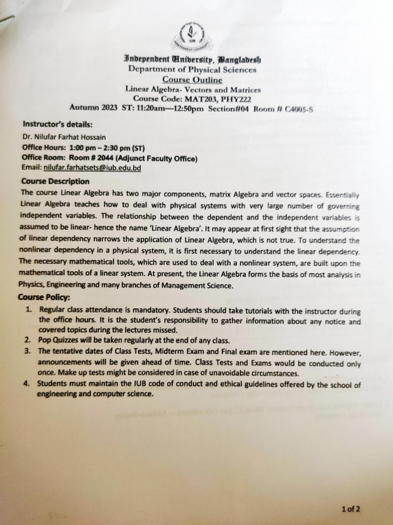 Mat203 Course Outline Autumn 2023 | PDF