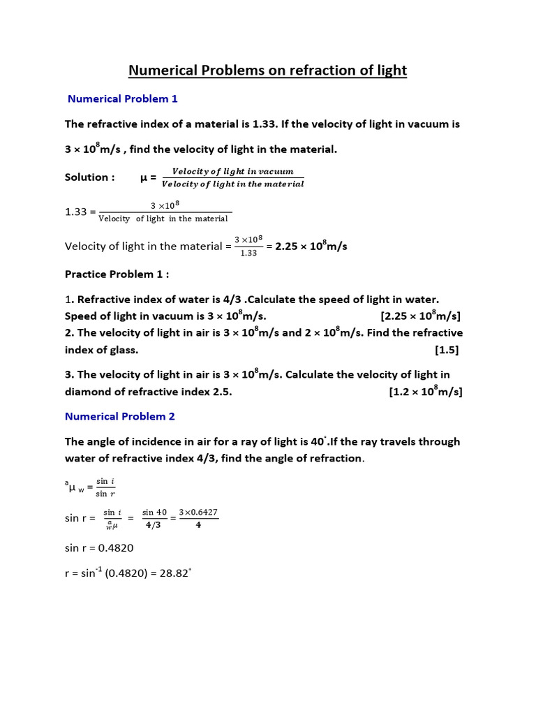 Numerical Problems On Refraction of Light | PDF | Refraction | Speed Of ...