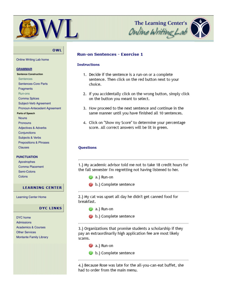 Online Writing Lab - Run-On Sentences, Exercise 1 | PDF | Language Arts ...