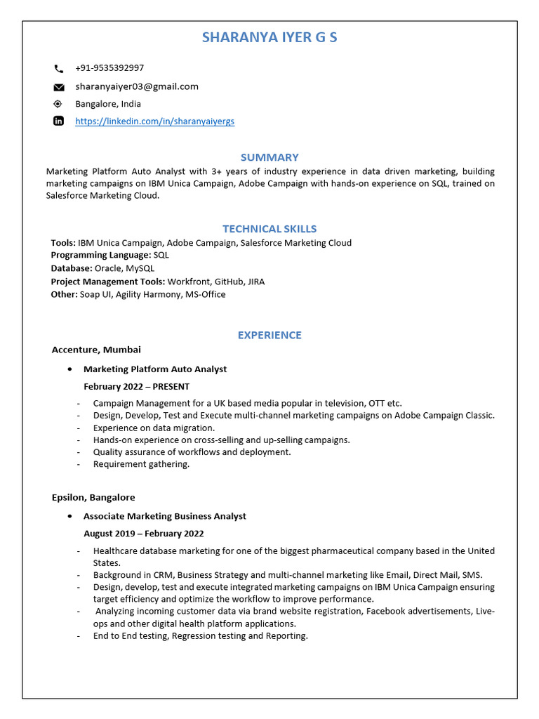 Resume - Sharanya Iyer G S-1 | PDF | Databases | Marketing