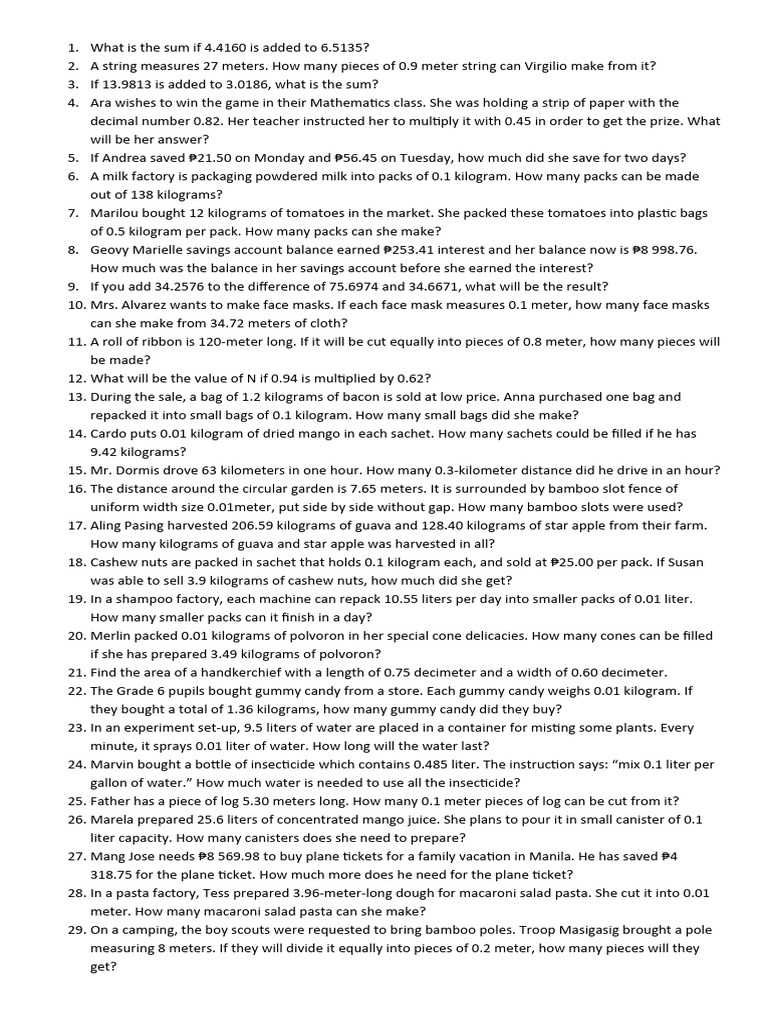 Word Problems Grade 6 Decimals | PDF | Wellness