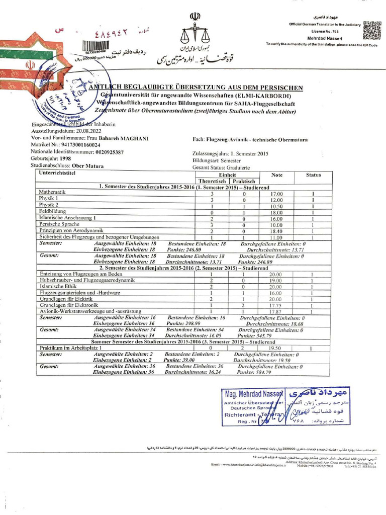 Bachelorstudium (Diplom&Transcripts) Bahareh Maghani | PDF