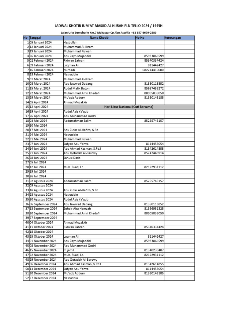 Jadwal Khotib Jum'at Masjid Al Hijrah PLN Tello 2024 | PDF