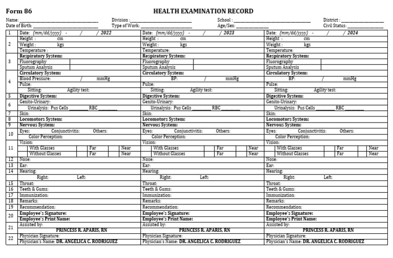 Form 86 2022 Health Examination Record | Download Free PDF | Medicine ...