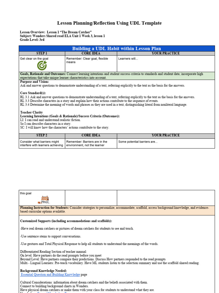 UDL Lesson Planning for ELA Unit 1 | PDF | Learning | Vocabulary