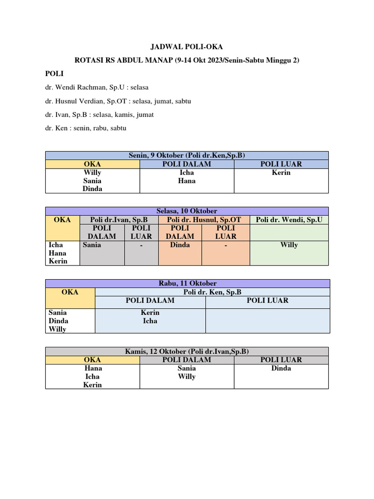 JADWAL OKA-POLI MANAP Minggu 2 | PDF