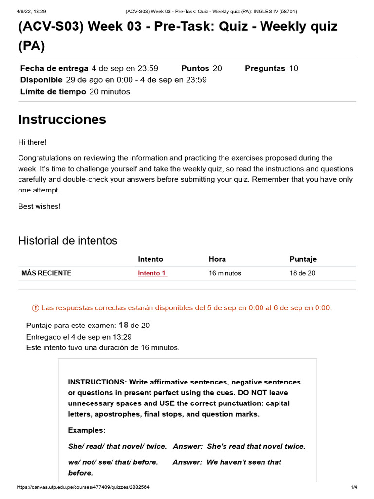 (ACV-S03) Week 03 - Pre-Task - Quiz - Weekly Quiz (PA) - INGLES IV (58701) | PDF | Language ...
