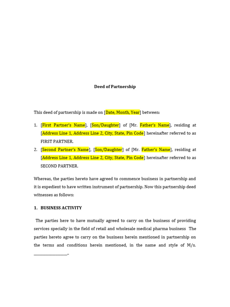 Partnership Deed Template for Pharma Business | PDF | Business