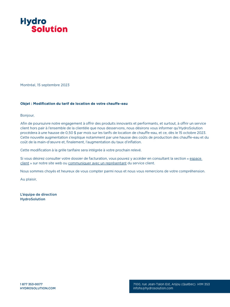 HydroSolution Lettre Hausse de Tarif 2023 Espace Client FR | PDF