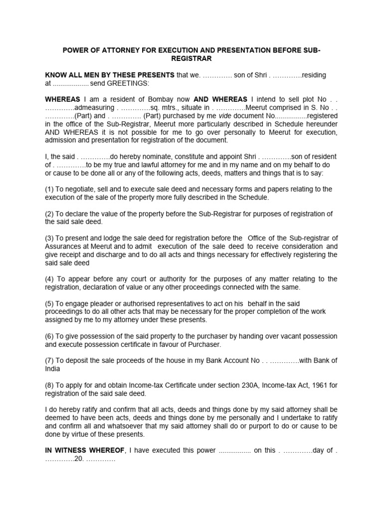 Power of Attorney For Execution and Presentation Before Sub-Registrar ...