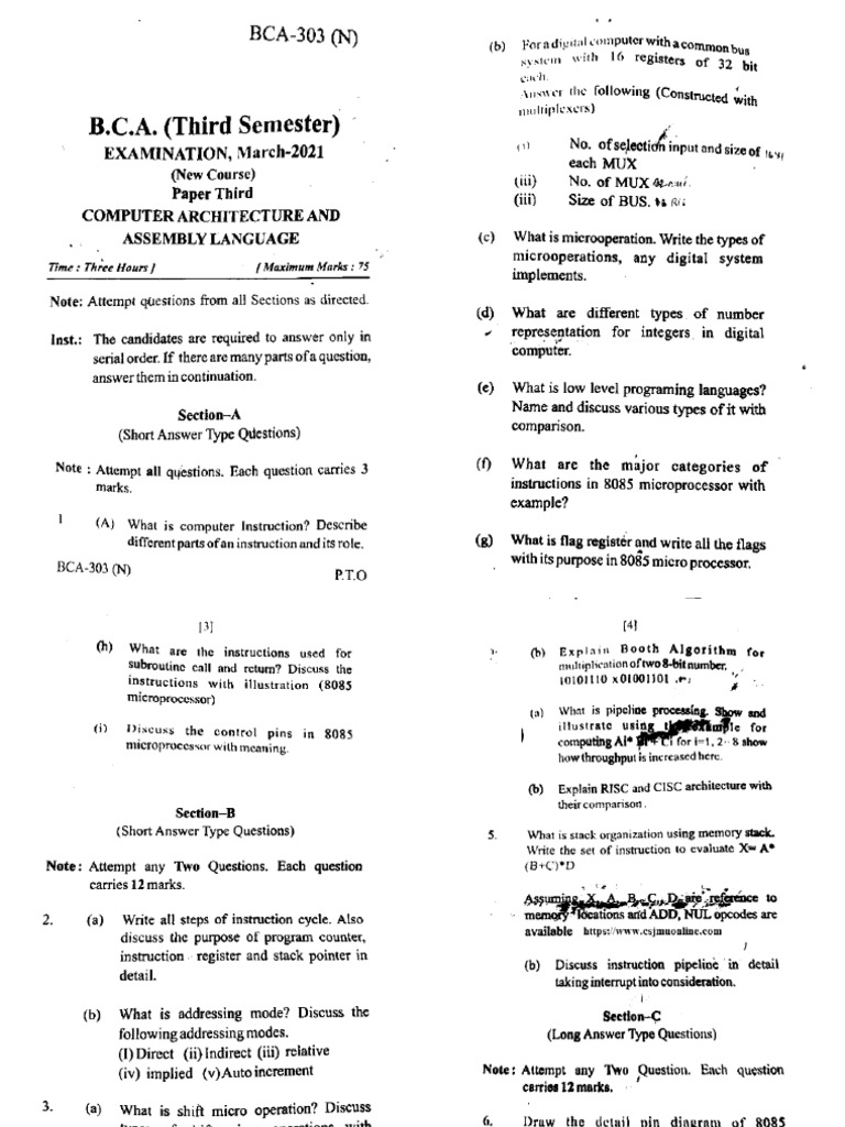Bca 3 Sem Computer Architecture and Assembly Language Bca 303 N Mar ...