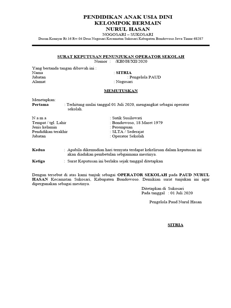 Contoh SK OPERATOR | PDF