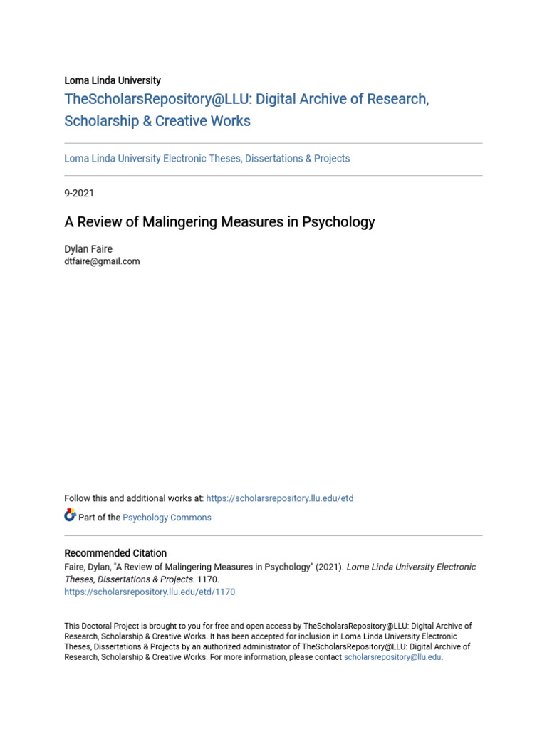 A Review of Malingering Measures in Psychology | PDF | Mental Disorder ...