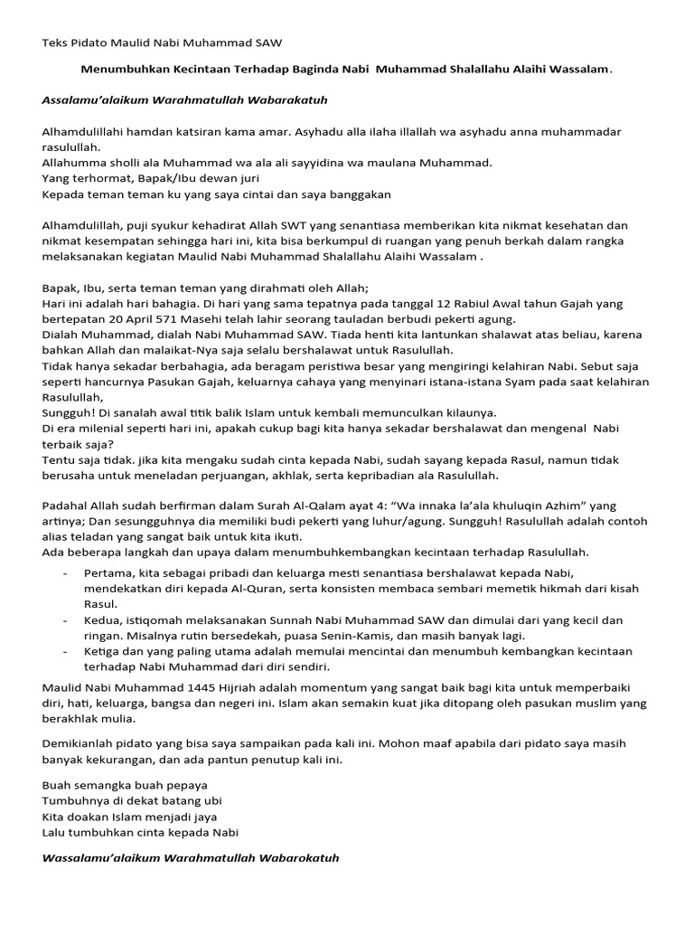 Teks Pidato Maulid Nabi Kelas 3 MAF | PDF