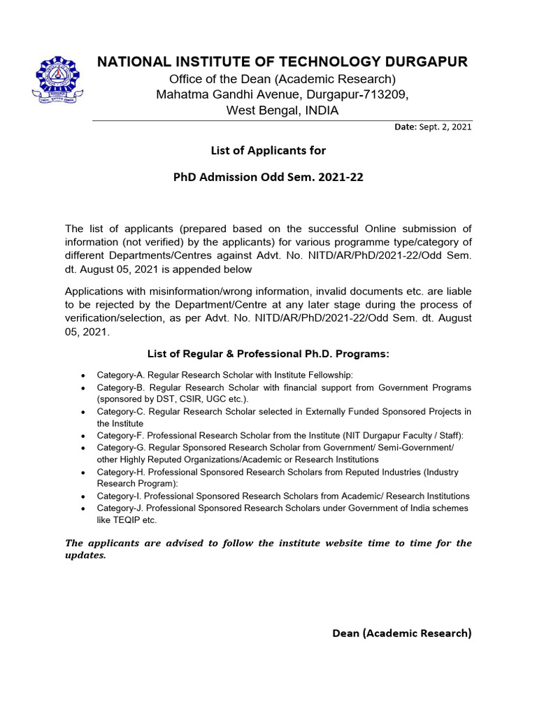 List of Applicants - PHD Programme - Odd Sem - 2021-22 | PDF