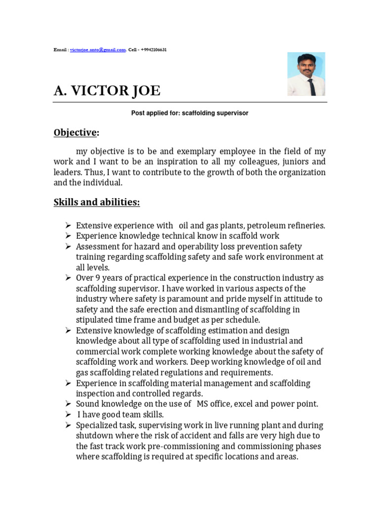 Victor Scaffolding Supervisor CV | PDF | Safety