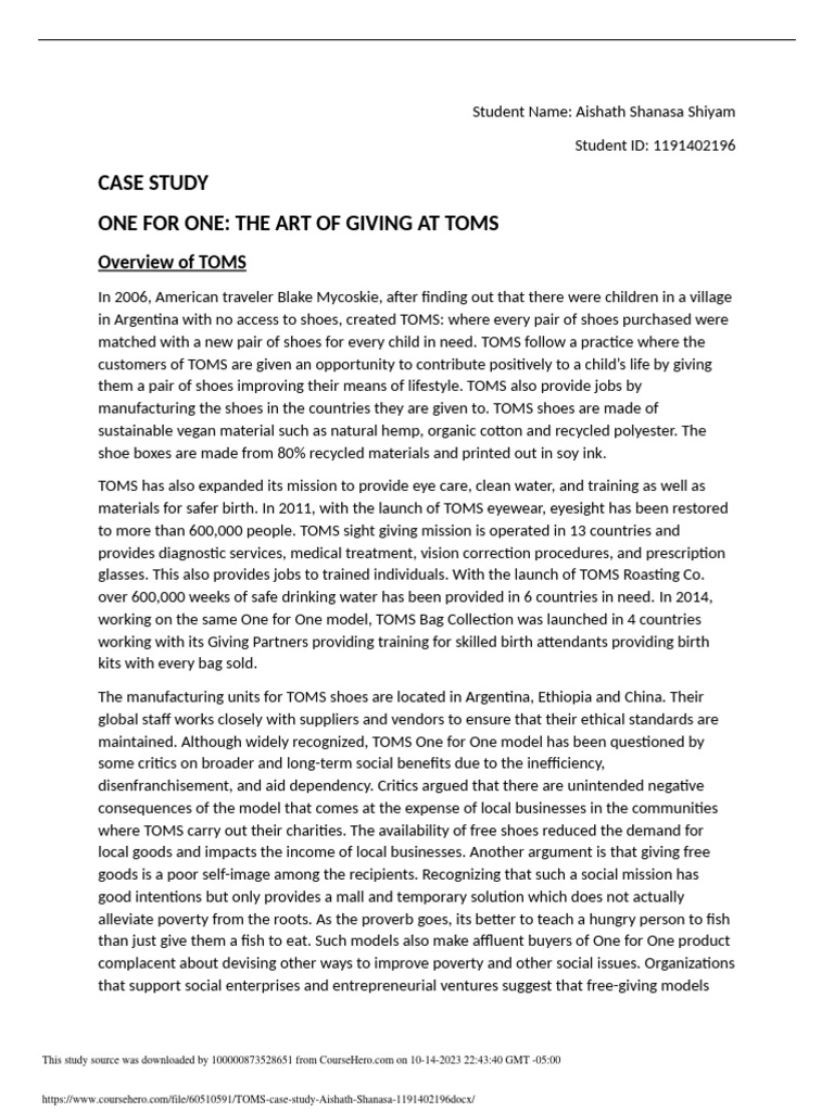 TOMS Case Study Aishath Shanasa 1191402196 | PDF | Brand | Corporate Social Responsibility