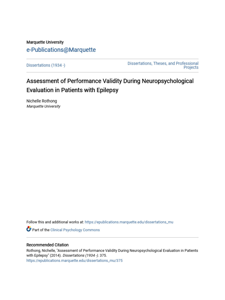 Assessment of Performance Validity During Neuropsychological Eval | PDF | Sensitivity And ...