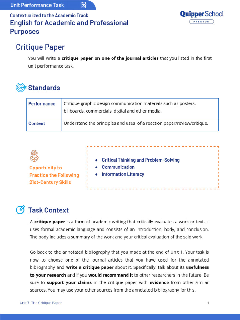 PDF (UPT) - EAP 11 - 12 - Unit 7 - The Critique Paper | PDF | Critical ...