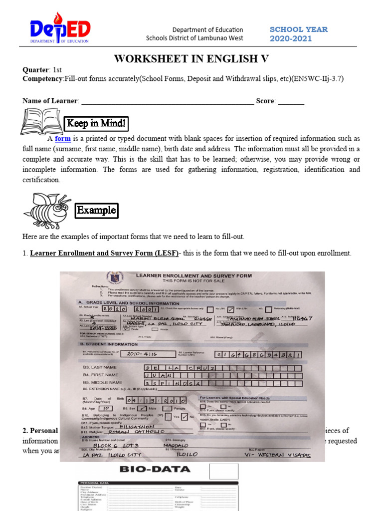Grade 5 Form Filling Worksheets | PDF