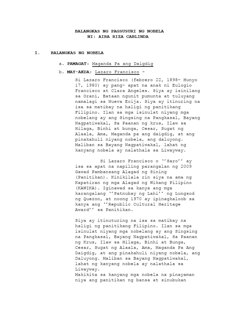 Balangkas NG Pagsusuri NG Nobela Ni Mary | PDF