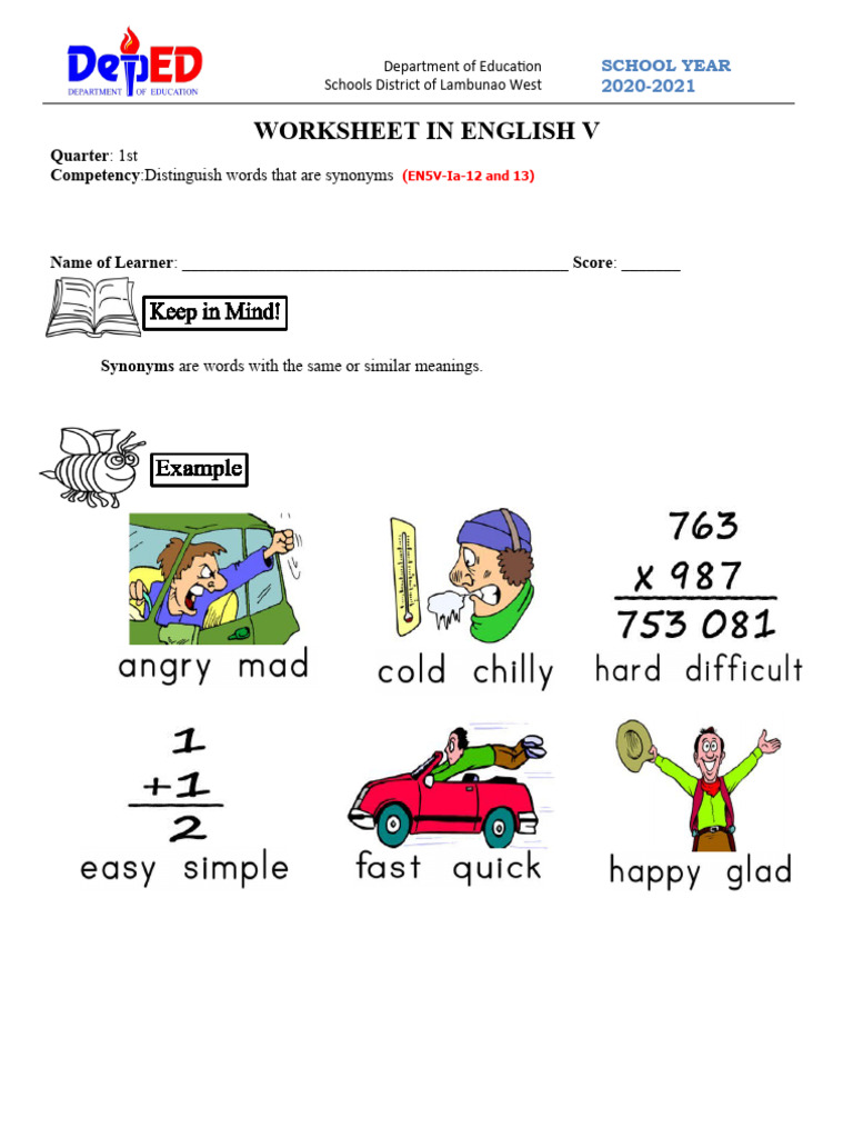 WORKSHEET 3 IN ENGLISH 5-1st quarter-Distinguish words that are ...