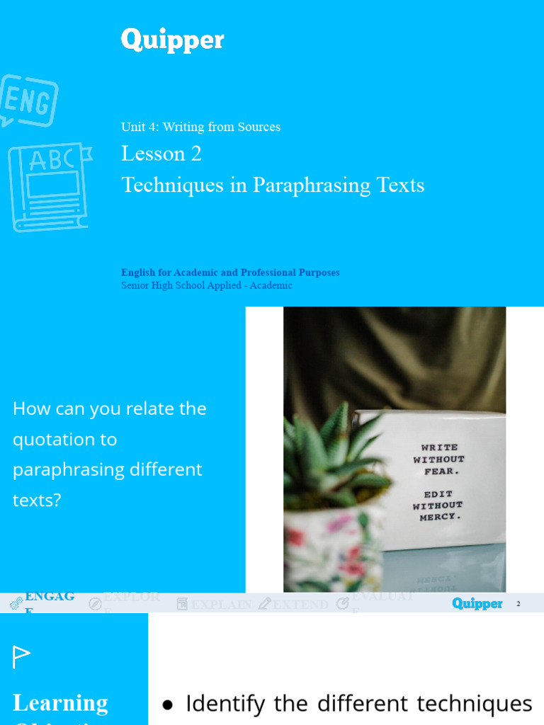 EAP 11 - 12 - UNIT 4 - LESSON 2 - Techniques in Paraphrasing Texts | PDF | Sentence (Linguistics ...