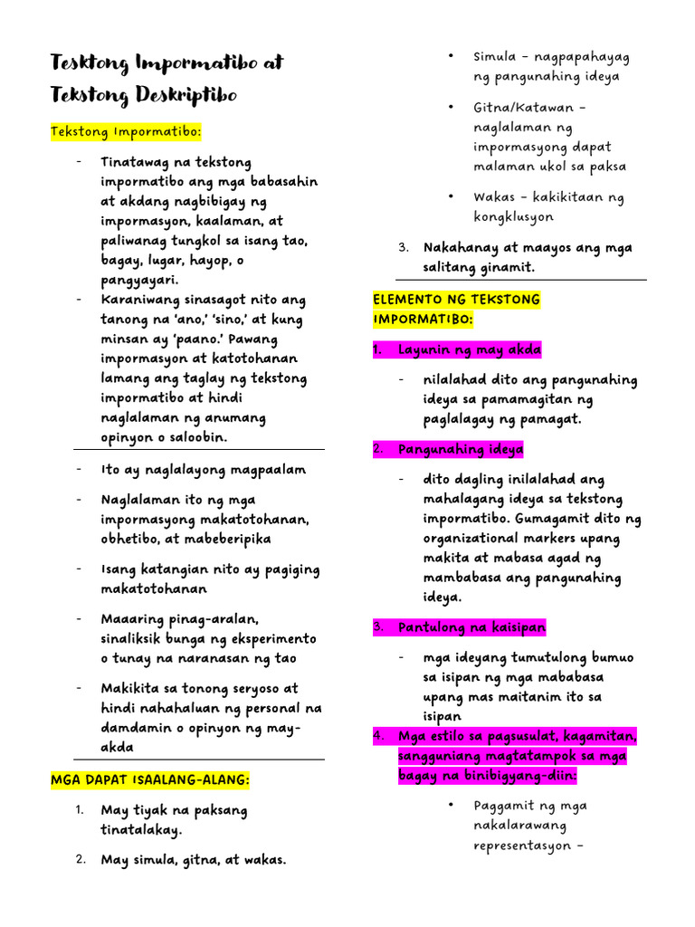 Tesktong Impormatibo at Tekstong Deskriptibo (Fil) | PDF