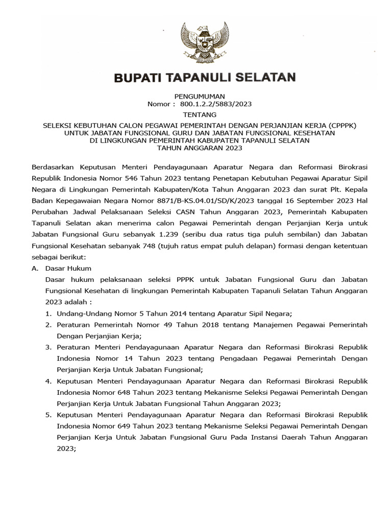 Pengumuman PPPK Guru Dan Kesehatan 2023 Kab. Tapanuli Selatan | PDF | Karier & Perkembangan ...