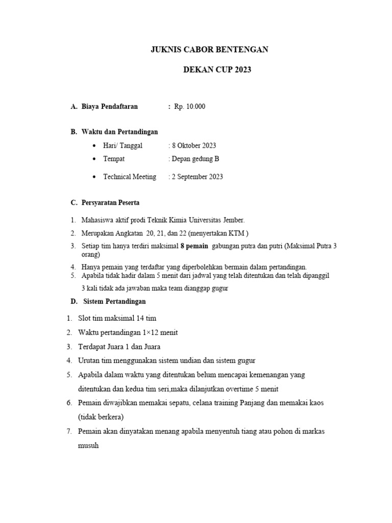 Juknis Cabor Bentengan Dekan Cup 2023. | PDF | Olahraga & Rekreasi