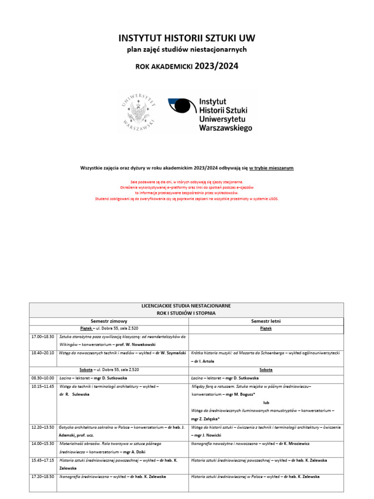 Plan Studia-Niestacjonarne 2023 2024 OST-1 | PDF