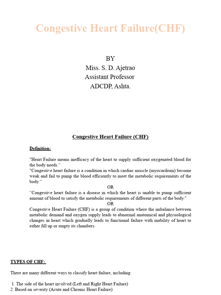 Congestive Heart Failure (CHF) : BY Miss. S. D. Ajetrao Assistant Professor ADCDP, Ashta | PDF ...