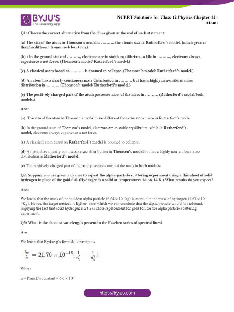 Class 12 Physics: Atoms NCERT Solutions | PDF | Electron | Electronvolt