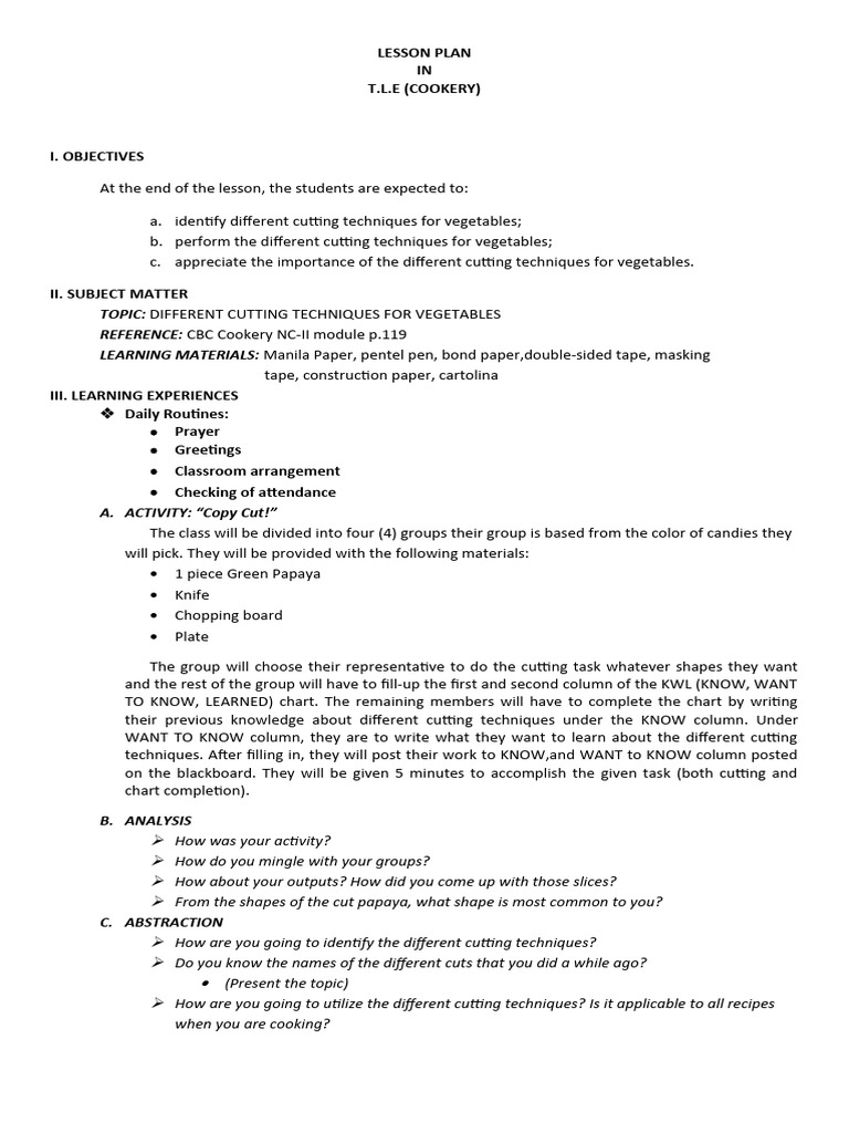 Lesson Plan in Grade 11 Cookery TVL (Autorecovered) | PDF | Learning ...