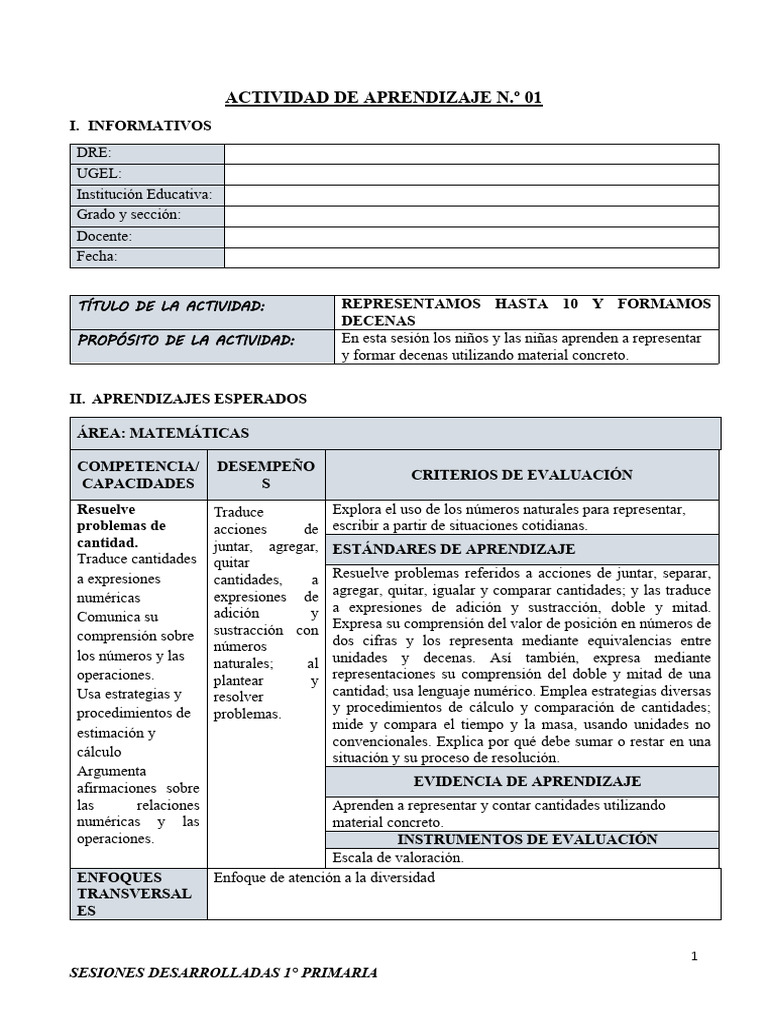 SEM 1_ SESION DE APRENDIZAJE 1° | PDF | Evaluación | Aprendizaje