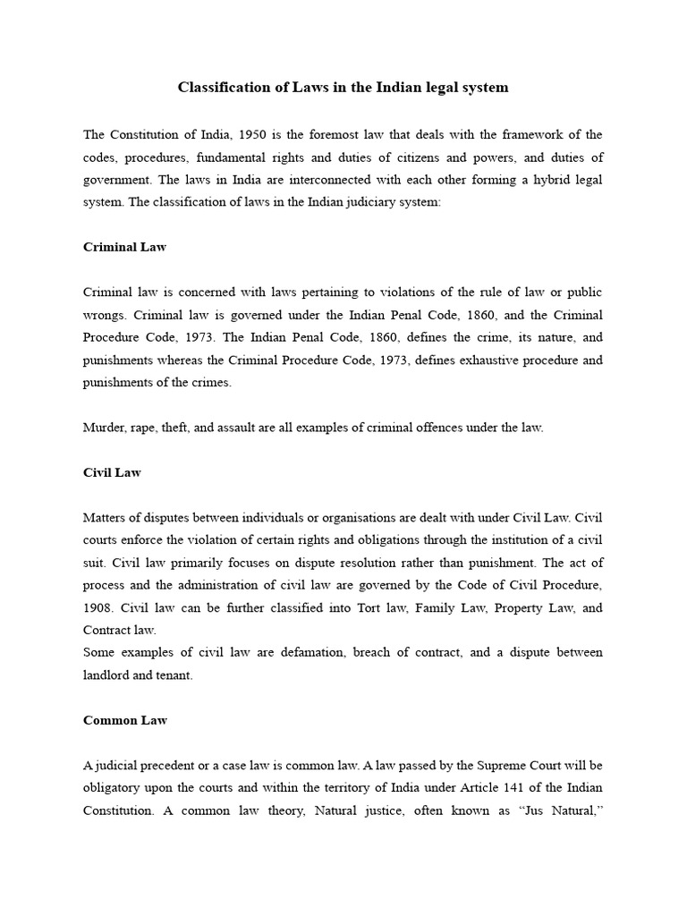 Classification of Laws in The Indian Legal System | PDF | Crimes ...