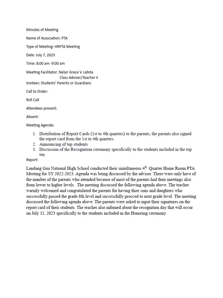 Minutes of Meeting-Sample | PDF