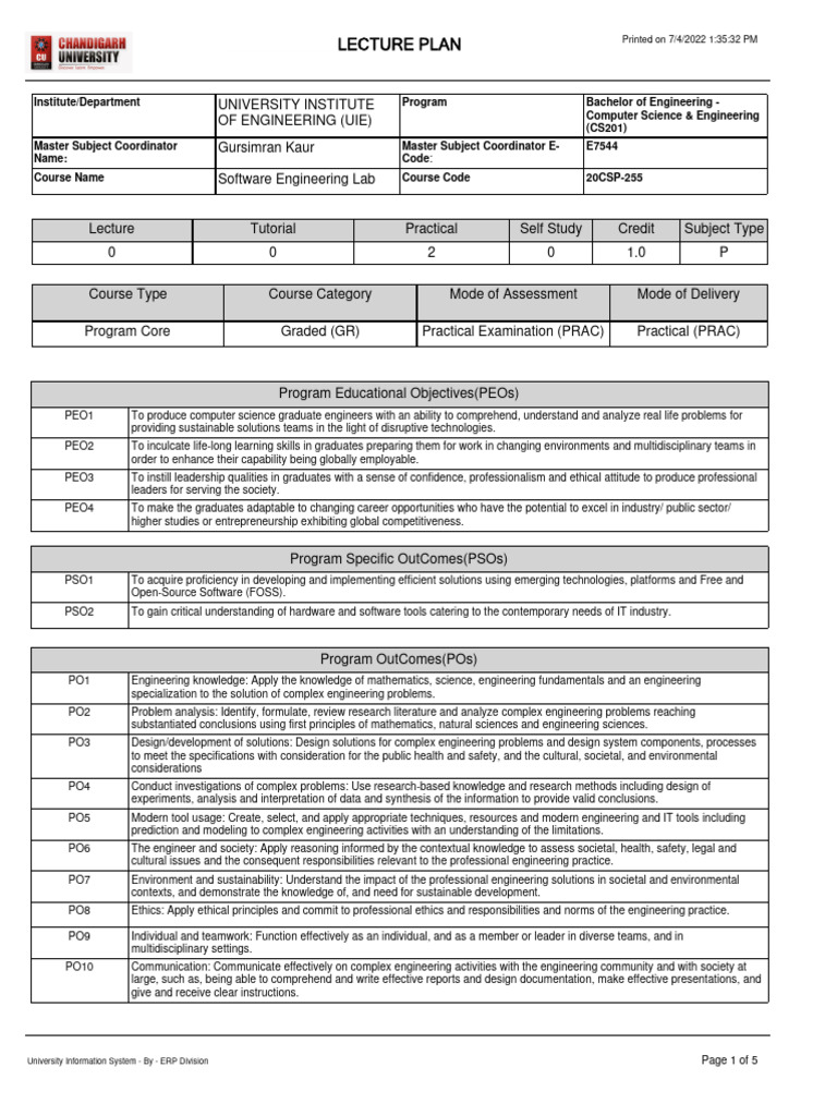 LecturePlan CS201 20CSP-255 | PDF