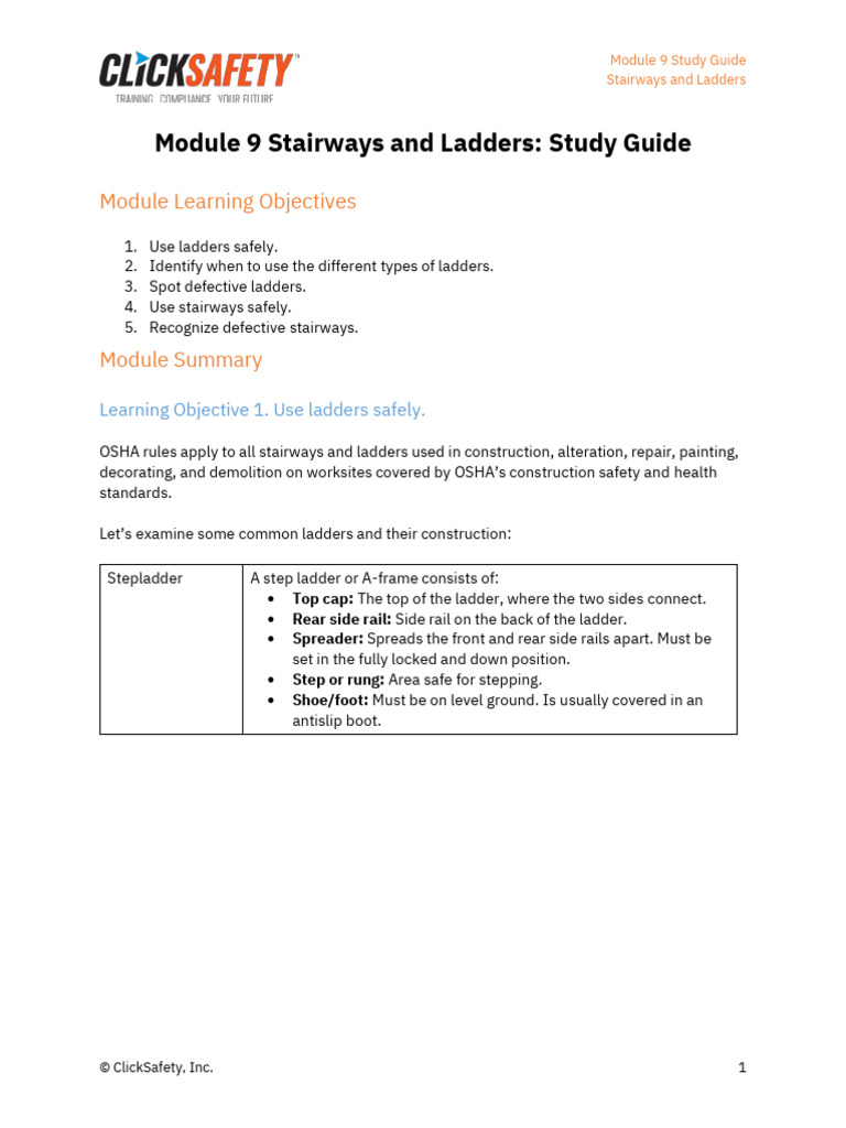OSHA 10 Construction - Module 9 - Study Guide | PDF | Stairs | Ladder