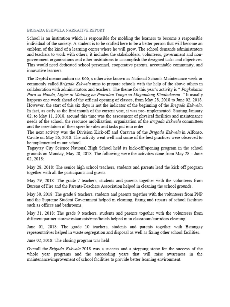 Brigada Eskwela Narrative Report | PDF | Learning | Education Theory