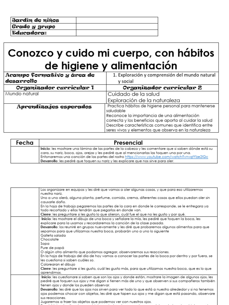 Plan Conozco y Cuido Mi Cuerpo, Alimentacion e Higiene | PDF | Vegetales