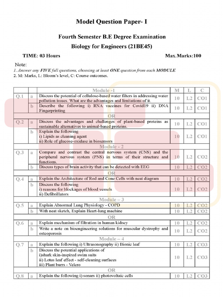 Biology For Engineers Model Question Paper With Solution | PDF