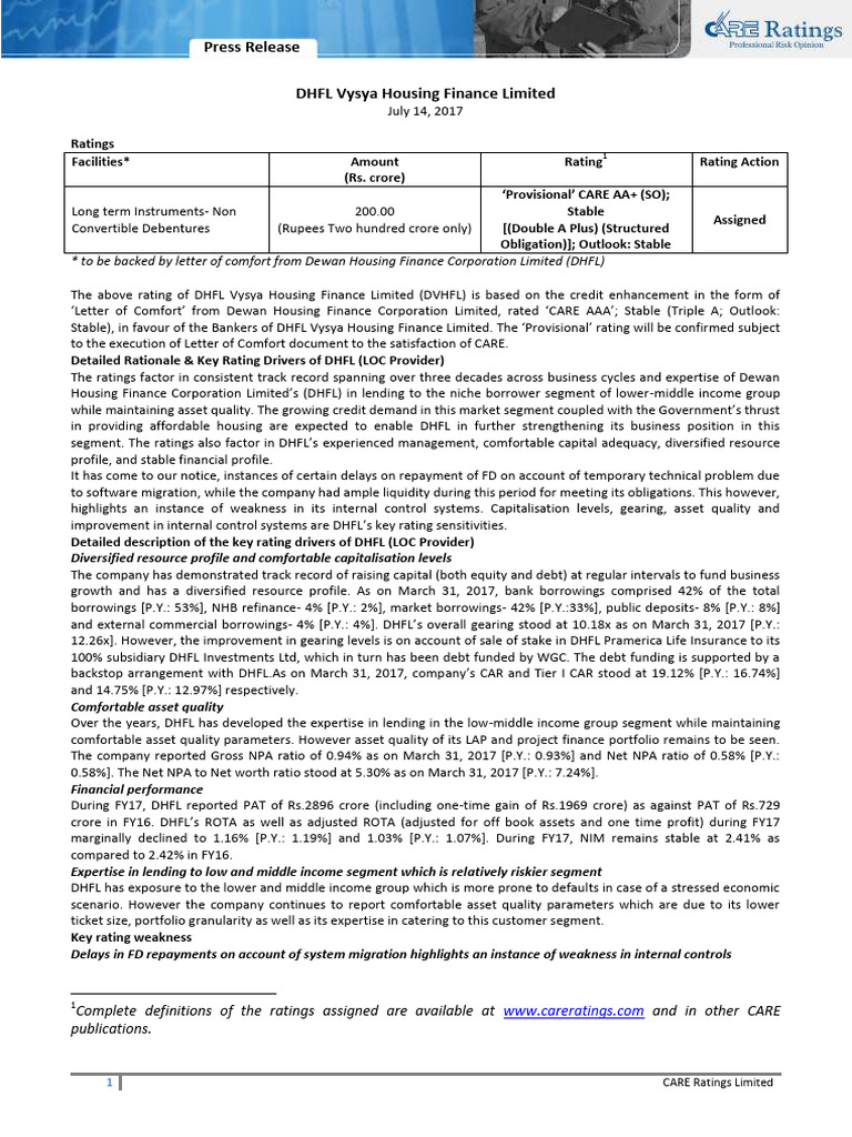 DHFL Vysya Housing Finance Rating Update | PDF | Banks | Financial Capital