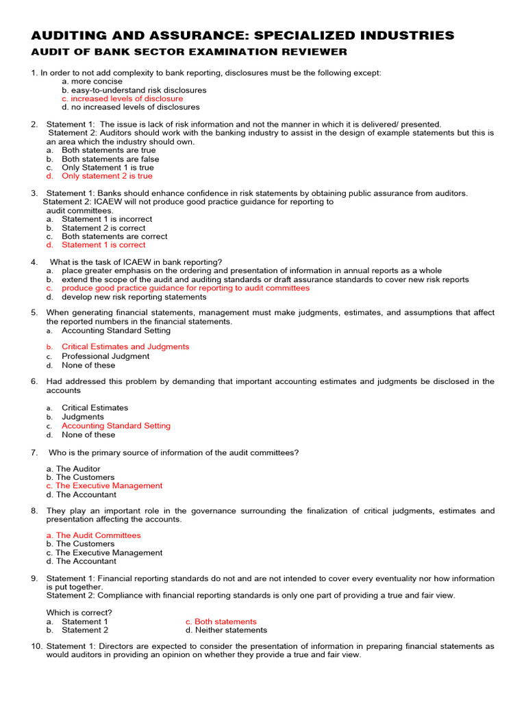 Auditing and Assurance: Specialized Industries - Bank Sector Examination Reviewer | PDF | Audit ...