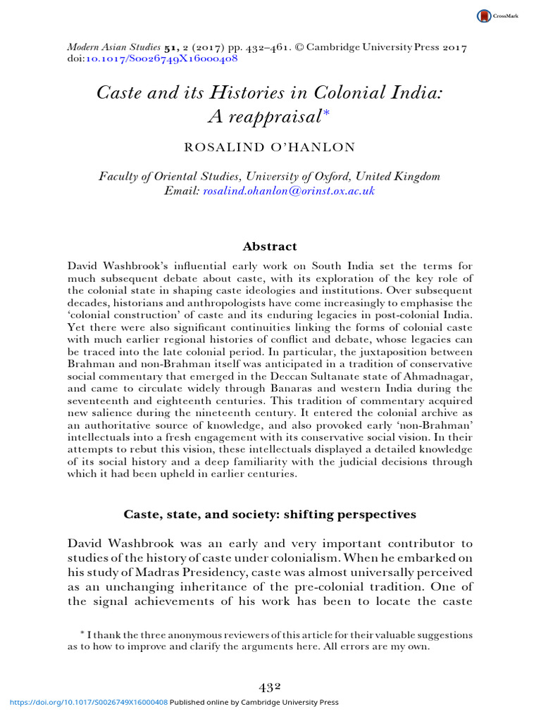 Caste and Its Histories in Colonial India A Reappraisal | PDF