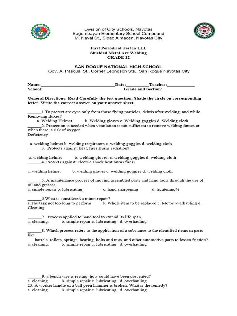 1st Periodical Test in SMAW 12 2023 | PDF | Welding | Construction