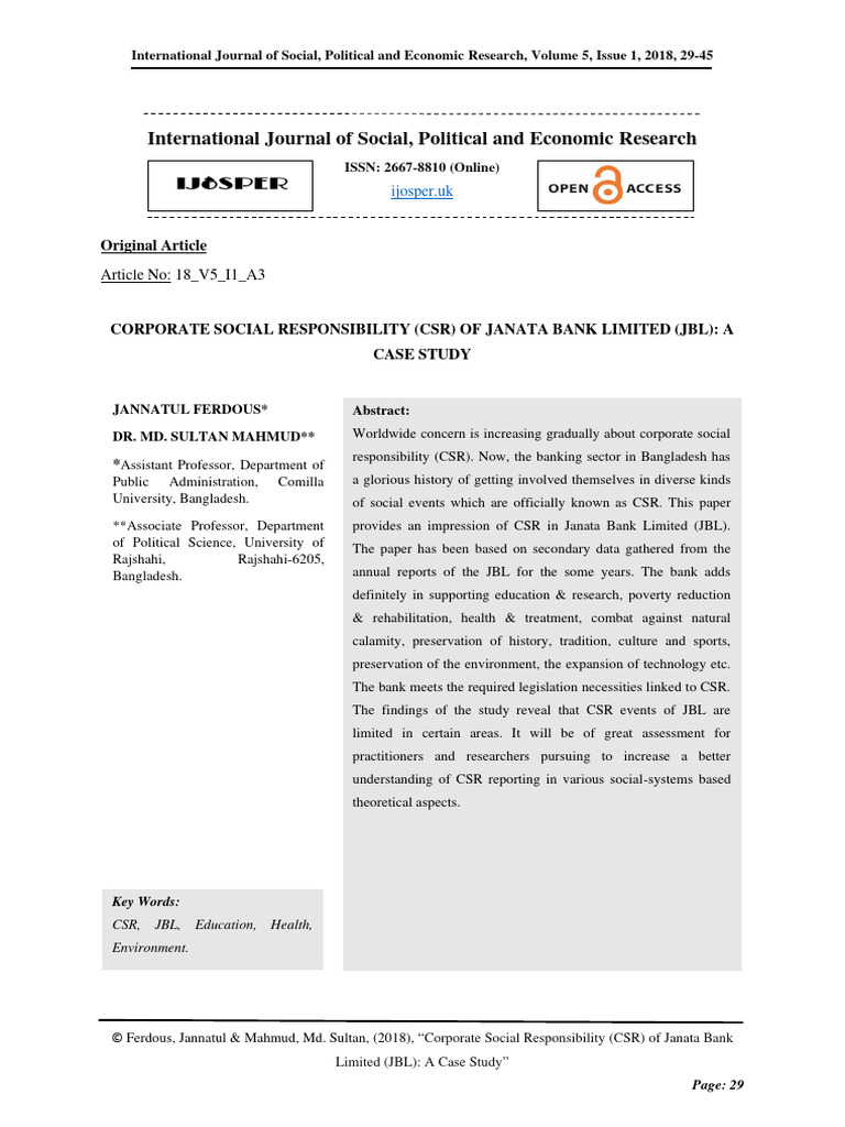 Corporate Social Responsibility (CSR) of Janata Bank Limited (JBL) : A ...