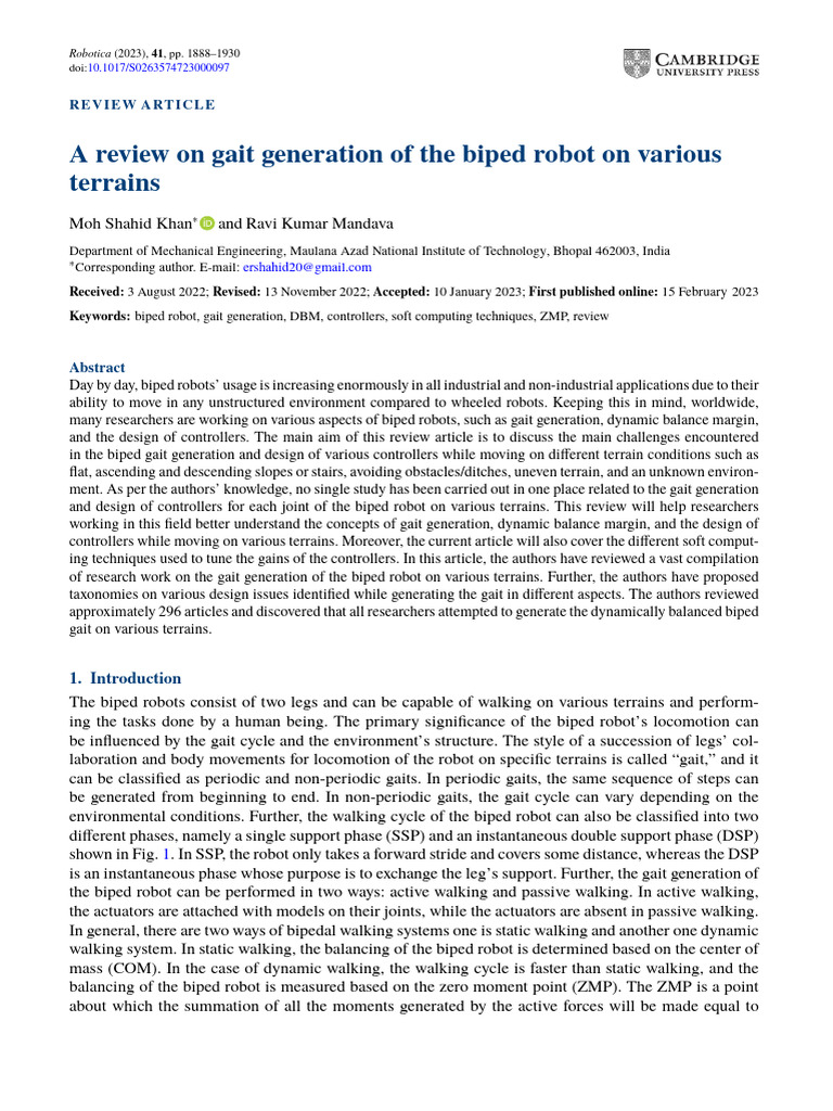 A Review On Gait Generation of The Biped Robot On Various Terrains | PDF | Control Theory | Walking