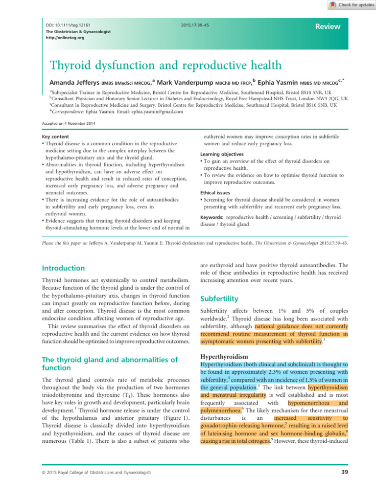 TOG Thyroid Dysfunction and Reproductive Health | PDF | Hypothyroidism | Thyroid Stimulating Hormone